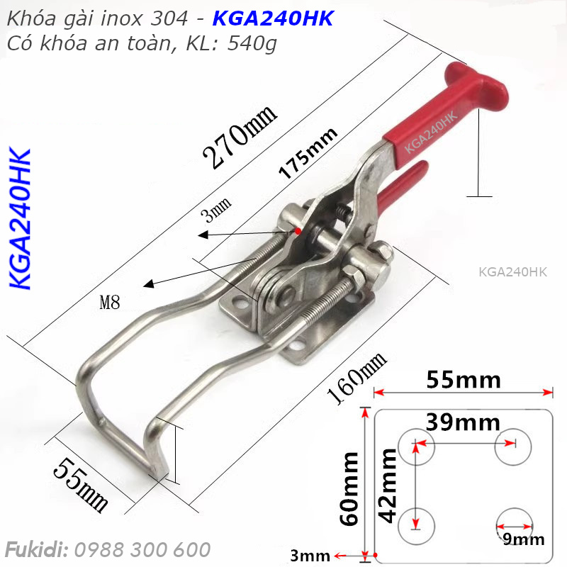 Khóa gài nhanh, móc dài, có khóa an toàn, inox 304, dài 270mm - KGA240HK - FUKIDI
